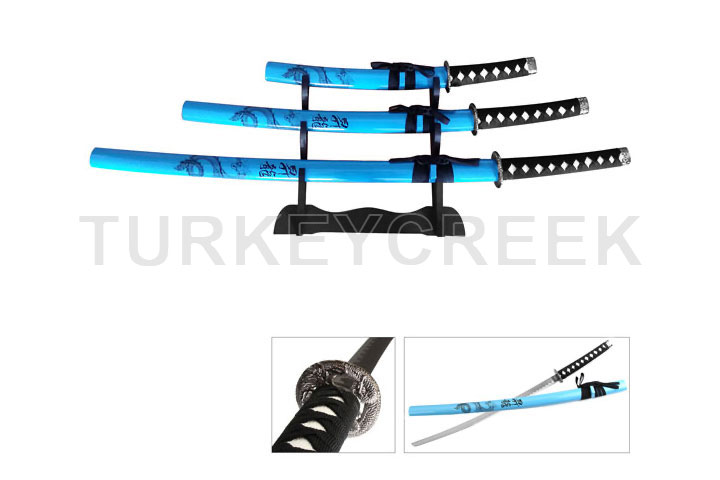 Eturkey Creek Co: 3 Pcs Samurai Sword Set Blue W/ Stand